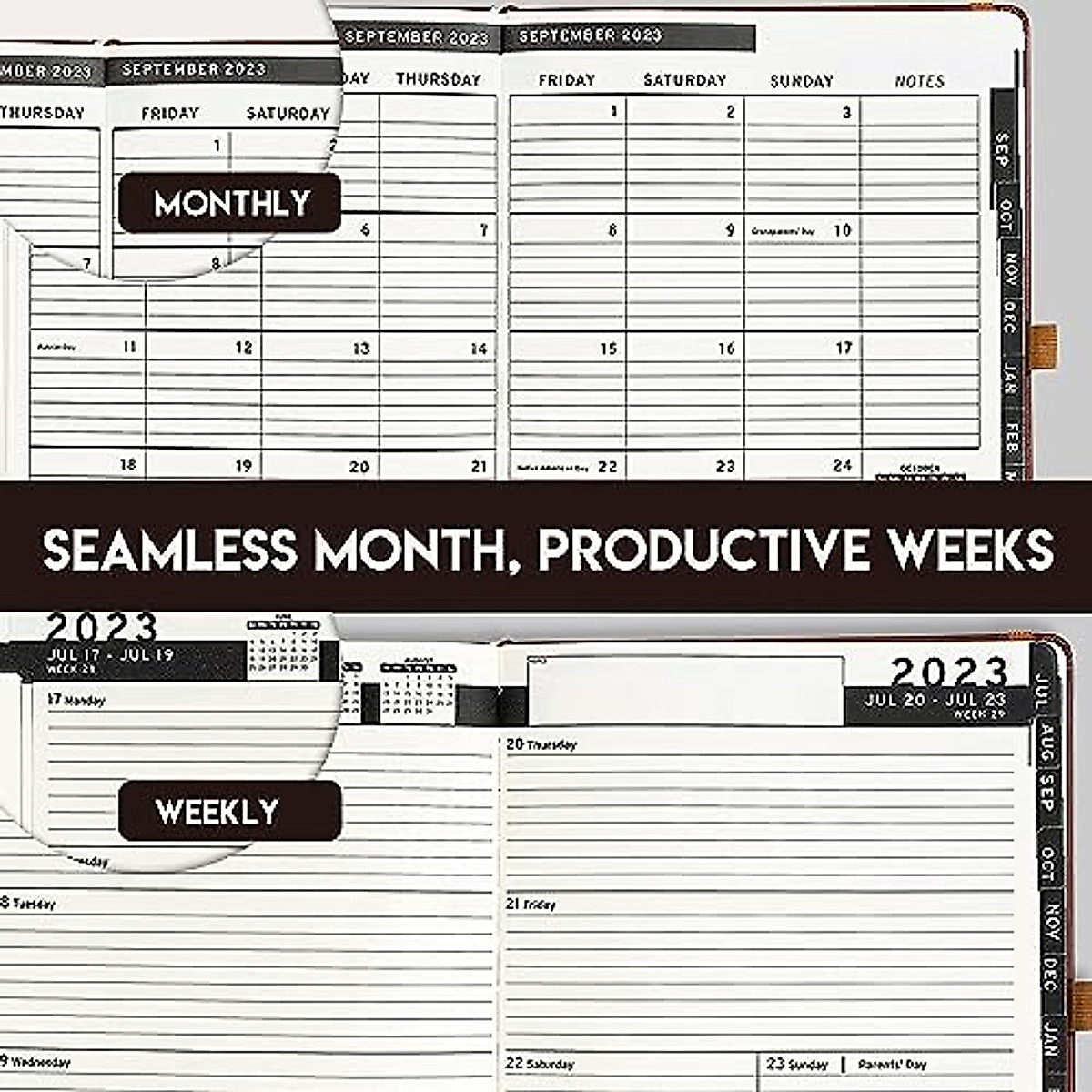 HARDCOVER Daily Leather Planner Weekly Monthly - 8.5x11 - Ensight Academic Planner Business Personal or Student - Pen Holder, Bookmark, Notes Pages, Thick Paper, July 2023 - June 2024 (Brown)