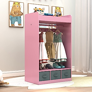Guangshuohui Costume Organizer,Costume Rack, Dress up Storage with Mirror and Storage Bin,Open Hanging Play Armoire Dresser with Mirror,Pretend Storage Closet for,Costume Storage Dresser-Pink