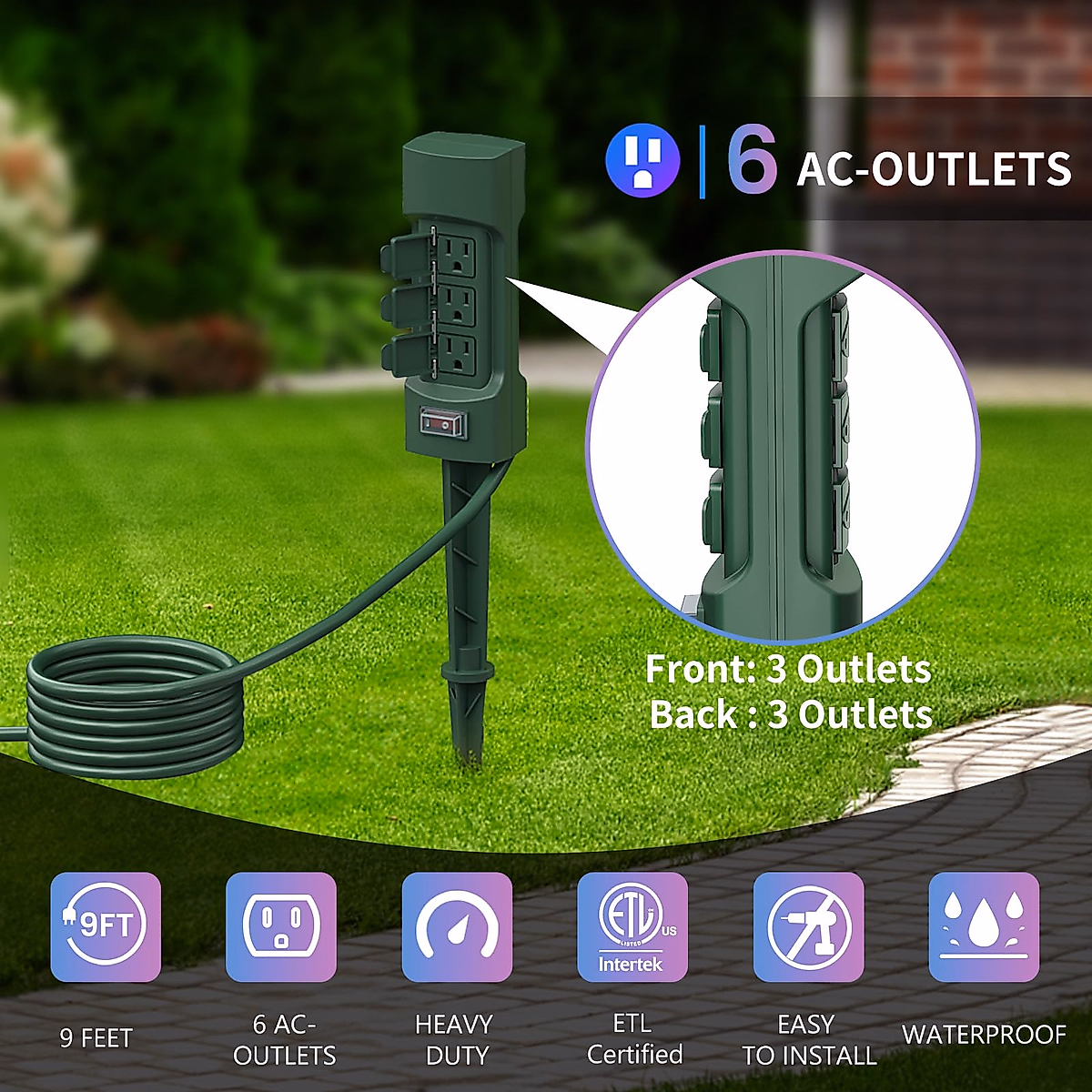 K KASONIC Outdoor Power Stake, Kasonic 6-Outlet 9 ft Extension Cord Power Strip, Double Sided with Weatherproof Safety Flip Covers, ETL Certified Multi-Outlets (Outdoor)