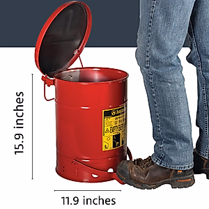 Justrite 6 Gallon Galvanized Steel Oily Waste Can, 16" x 12" Metal Oil Rag Safety Can with Quiet Foot-Operated Self-Closing Lid for Oil Rag Disposal, Made in The USA, Red, 09108