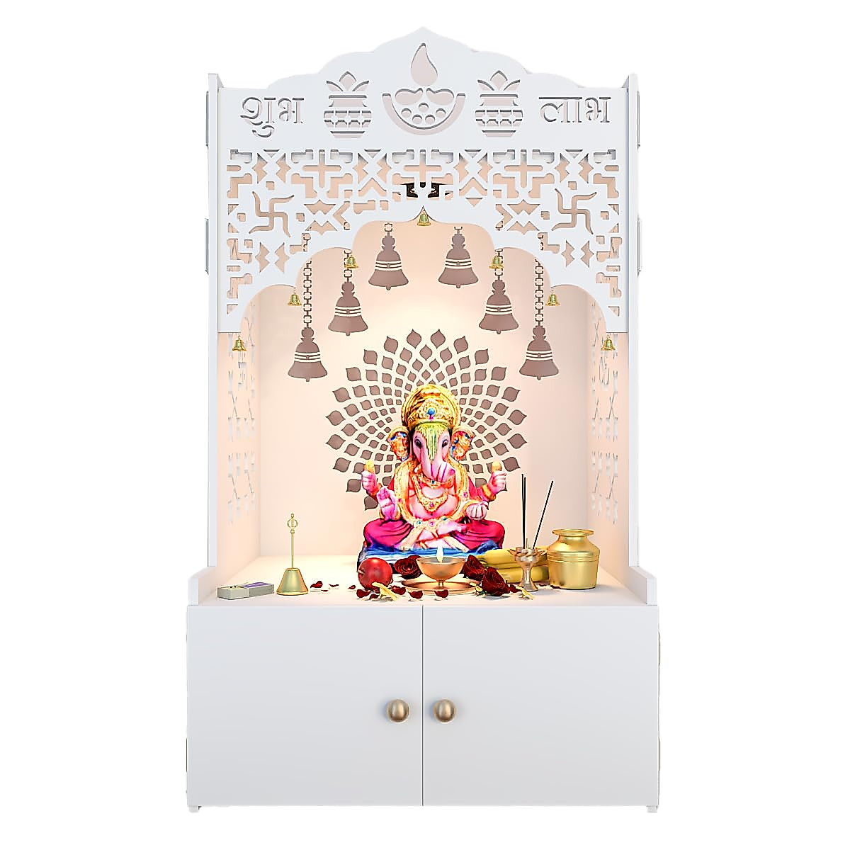 Homscape Divine Wooden Temple for Serenity with Spacious Shelf & Inbuilt Focus Light - White Color