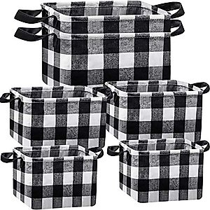 Boao 6 Pcs Buffalo Plaid Basket Square Storage Basket Buffalo Check Basket Bin Solid Storage Organizer with Handles Collapsible Square Organizer for Home Office (Black, White, Plaid Style)