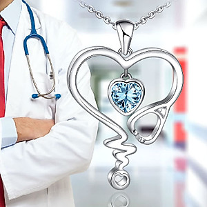 CHOKER Nurse Necklace for Women 925 Sterling Silver Stethoscope Heartbeat Necklace Jewelry Gifts for Nurse Graduation Medical Student Doctor-March Birthstone