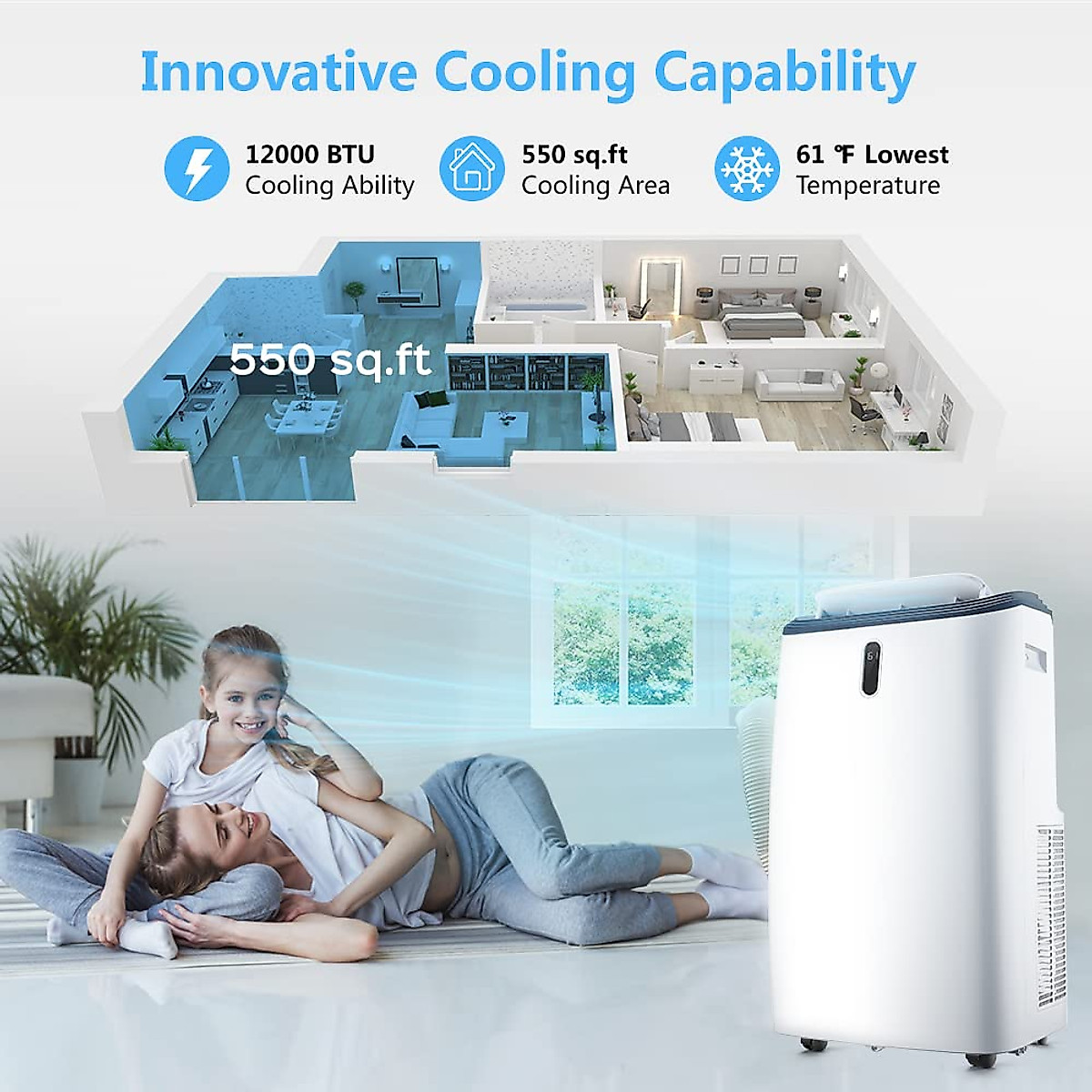 Portable Air Conditioner - Rintuf 12000 BTU Portable AC, Cools Rooms up to 550 Sq.ft, Also as Dehumidifier & Fan & Smart Timer, with Handy Remote, Washable Filter, Universal Wheels, Window Kit