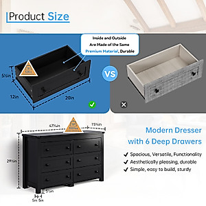 HUANLEGO Black Dresser for Bedroom with 6 Drawers, Modern Chest of Drawers, Wood Dressers Bedroom Furniture Wide Storage Drawers Dressers Organizer for Closet, Living Room, Hallway