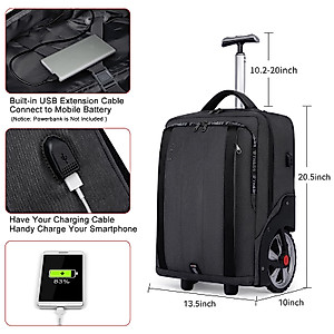 Rolling Backpack Wheeled Backpack, Business Travel Backpack, Carry on Luggage Waterproof Bag, Fit 17.3 Inch Notebook Men Women and College Student Computer Bag (Black)