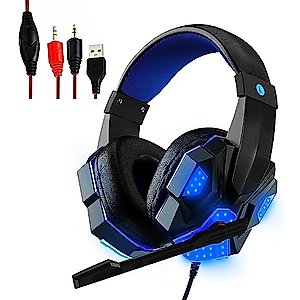 5 CORE Gaming Headset for PS4 PC One PS5 Console Controller, Noise Cancelling Microphone Over Ear Stereo Headphones with Mic, LED Light, Bass Surround, Earmuffs for Laptop Mac NES Games HDP GM1 B