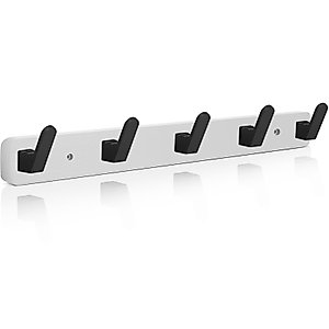 Coat Hooks Wall Mounted Coat Rack, 16.7'' Long, Entryway Hanging Coat Rack, White Wood Coat Rack with 5 Black Literary Rustic Hooks, Wooden Decorative Hooks Rail for Coat, Scarf, Bag, Towel, Hat