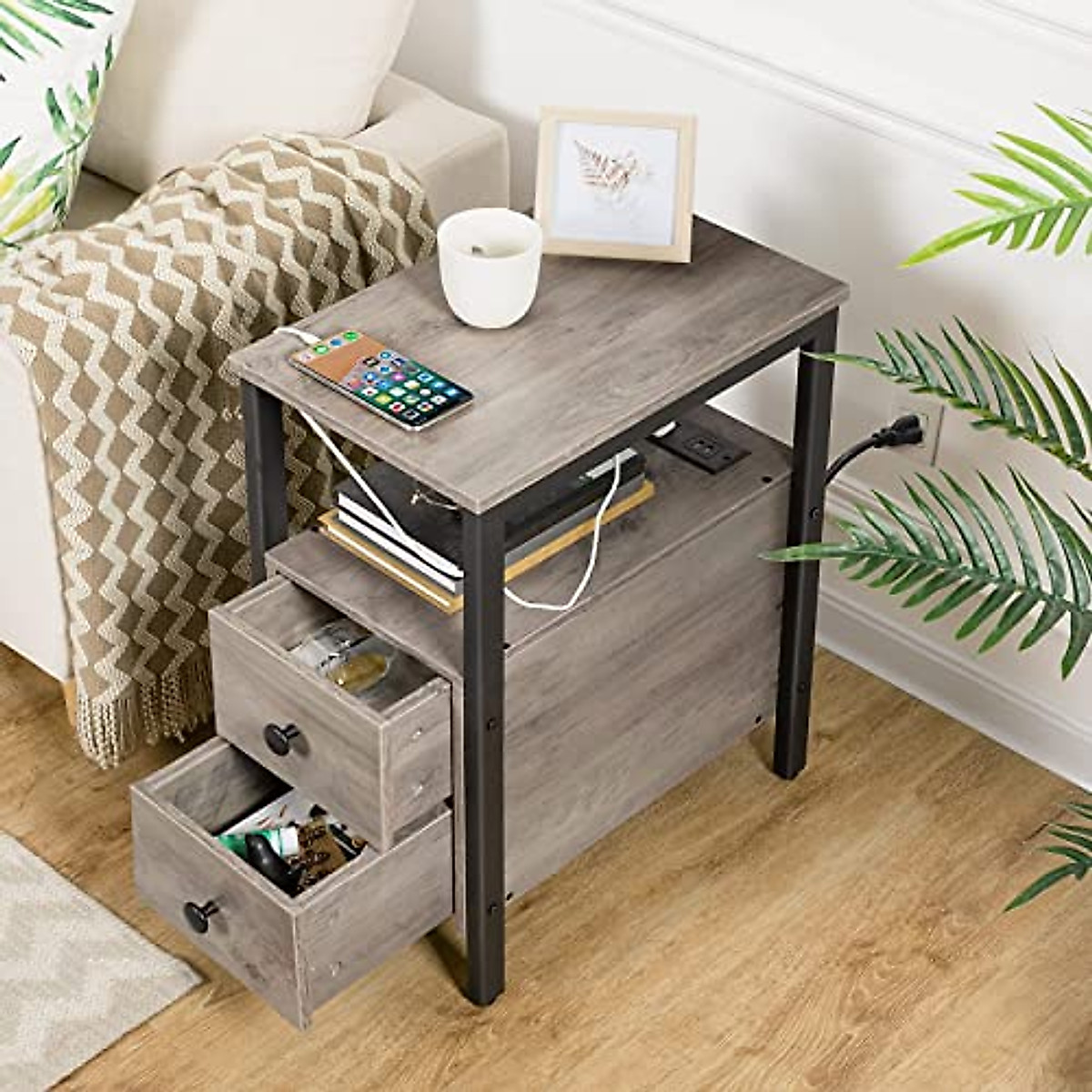 HOOBRO End Table with Charging Station and 5-Tier Corner Shelf, Narrow Side Table with 2 Drawers, Wood Storage Rack Plant Stand, Nightstand for Small Spaces, Greige BG541BZ01-BG50CJ01