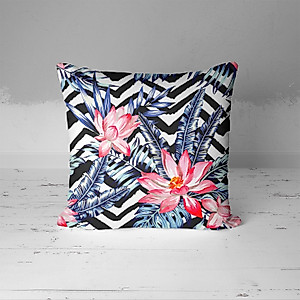 iiRov Summer Design Ink-Fuzed Decorative Throw Pillow - Vivid Tropical Chevron Floral v1