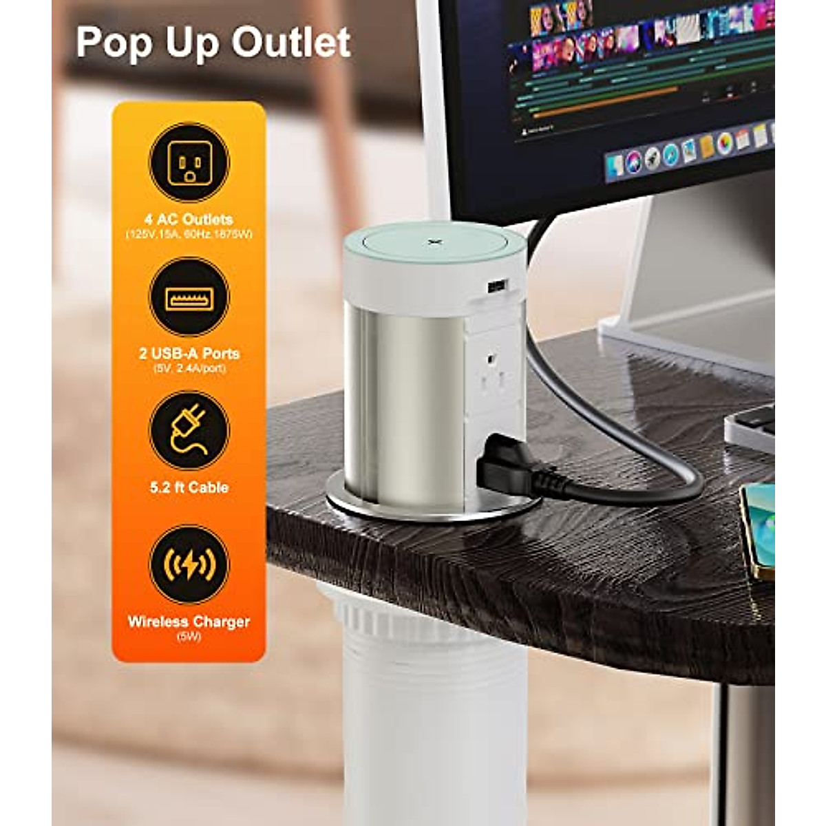 Automatic Pop Up Power Outlet with Wireless Charger, Retractable Recessed Power Strip, 4 AC Outlets and 2 USB Ports, Glass Finish, for Kitchen Countertops Office Table Workshop, White