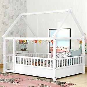 Wood Montessori Floor Bed Full Size, Full Floor Bed with Fence and Door, Full Size House Bed for Kids, Girls, Boys, White Montessori Bed Full Size