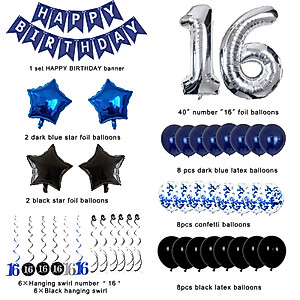 16th Birthday Decorations for Boys and Girls Dark Blue, HAPPY BIRTHDAY Banner Silver Number 16 Balloons, Deep Blue Theme Party for Him - 16 Years Old Birthday Party Supplies Kit for Her