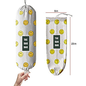 DINGWEN Funny Smiling Face Pattern Grocery Bag Storage Holder, Wall Mount Free Adjustment with Drawstring, Washable Canvas Plastic Organizer, Dispenser ​for Home Kitchen, 23x9 inch