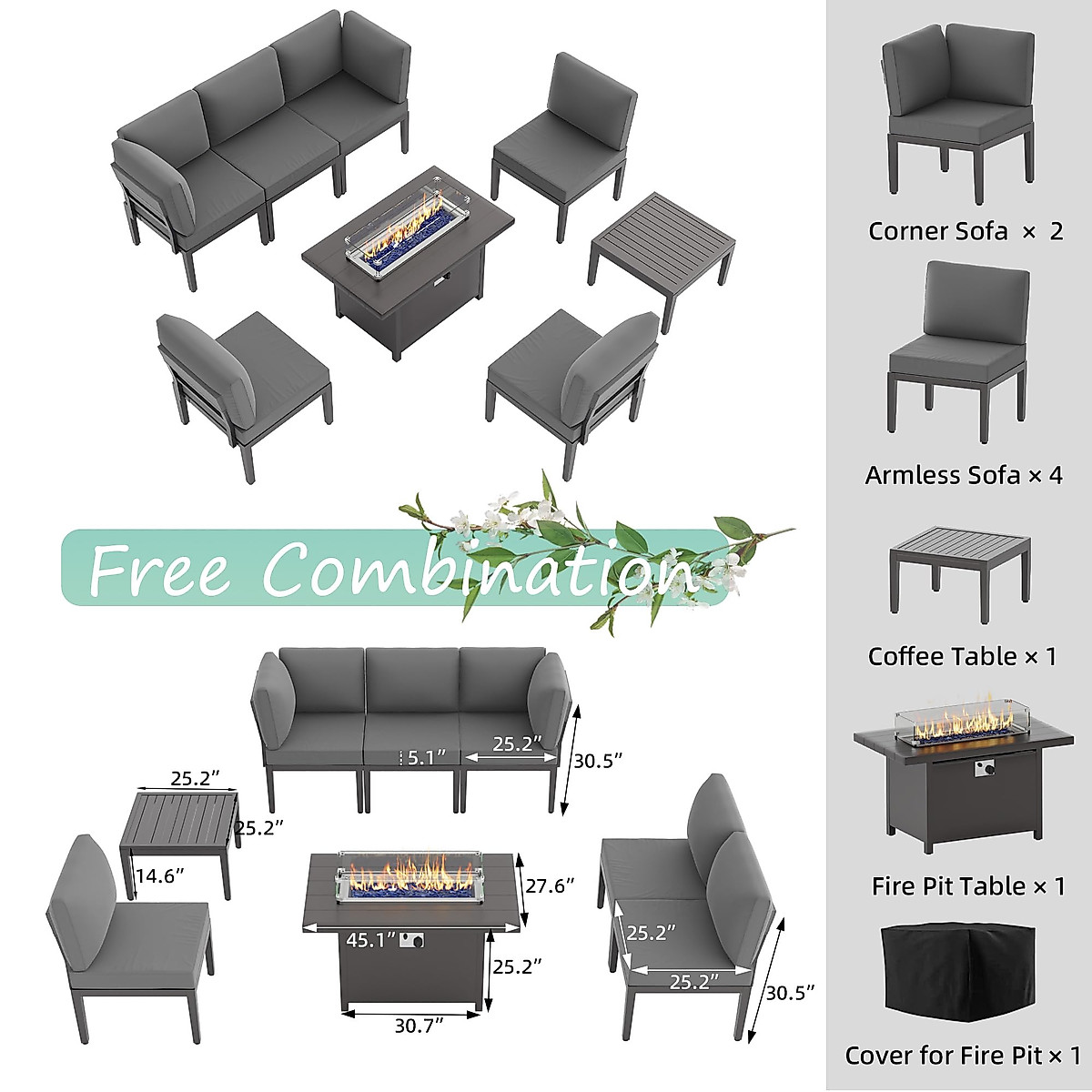 ALAULM 8 Pieces Metal Patio Furniture Set with Propane Fire Pit Table Modern Outdoor Furniture w/55000 BTU Fire Pit Patio Sectional Sofas w/5.1'' Sponge Cushions for Patio, Backyard, Poolside-Grey