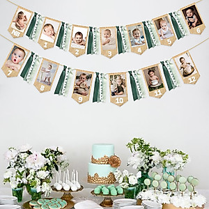 pinkblume 1st Birthday Burlap Photo Banner Garland Handmade Felt from Newborn to 12 Months with Gradient Sage Green Ribbon for Baby Boy Girl Monthly Milestones First Birthday Party Decoration Supplies