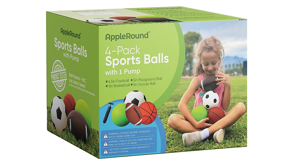 AppleRound Sports Balls Pack for Toddlers with Pump - 4 Piece Set