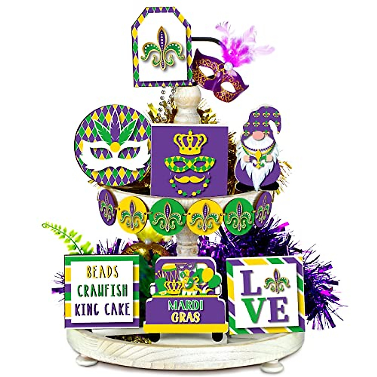 13 Pcs Mardi Gras Tiered Tray Decor Set Include Rustic Gnome Truck Mask Wood Sign Letter Sign Decoration Mardi Gras Table Decor for Xmas Decoration Home Kitchen Table Shelf Decorations