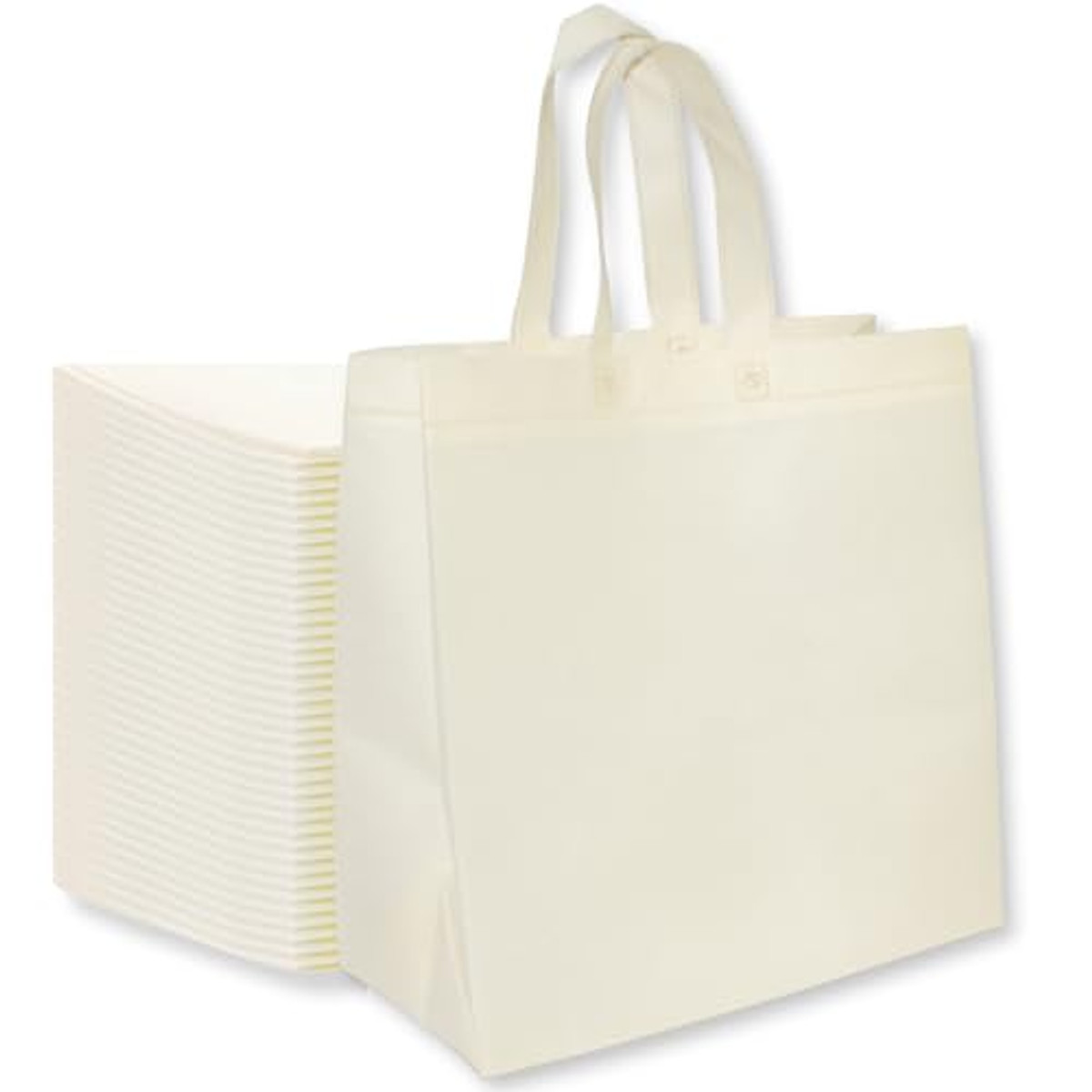 Bagways 10 PACK Reusable Grocery Bags with Handles, Durable, Foldable, Washable Eco-Friendly Shopping Totes, 14x6.5x14 Inch, Cream