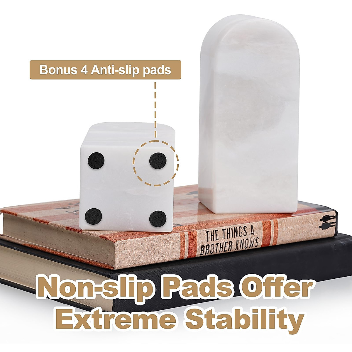 Koville African Natural Marble Bookends for Shelves, Decorative Book Ends, 7lbs Heavy-duty Marble Book Holders, Bookshelf Apartment Decor for Normal Books/CD/Video Games(Bianco Fiora)