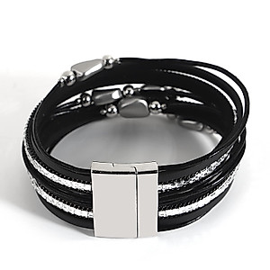 hotoo Beaded Leather Wrap Bracelet for Women Black Boho Handmade Bracelets Teen Girls Layered Cute Rhinestone Cuff