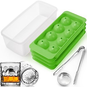 AIBIRUI Round Ice Cube Mold,2 x 8 PCS x 1.8'' Whiskey Ice Cubes,Circle Ice Cube Tray with Lid and Bin,Sphere Ice Ball Maker Mold,Large Ice Cube Molds for Cocktails,Coffee(Whiskey Ice Cubes Mold,Green)