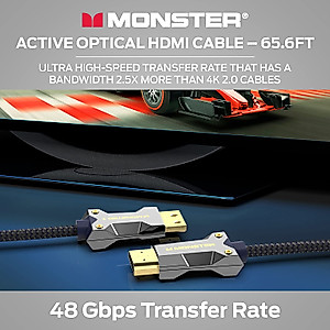 Monster M-Series Active Optical Lightwave Cable Certified Premium HDMI 2.1-48 Gbps Cable with Aluminum Extrusion Connector, V-Grip, Duraflex Protective Jacket - Supports 8K @ 60HZ, 4K @ 120HZ, 65.6 FT