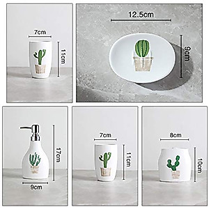 5 Piece Ceramic Bath Accessory Set Includes Bathroom Designer Soap or Lotion Dispenser,Toothbrush Holder,Tumbler,Soap Dish,Wedding,Housewarmung Gift (5 Pieces, Green Cactus)