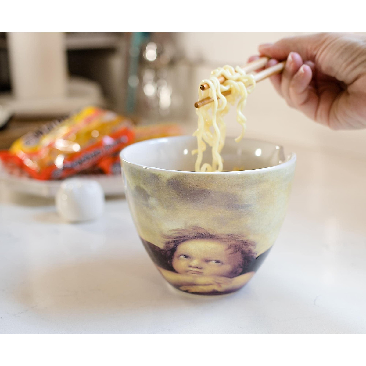 Bowl Bop Cherub Fine Art Japanese Ceramic Dinnerware Set | Includes 16-Ounce Ramen Noodle Bowl and Wooden Chopsticks | Asian Food Dish Set for Home & Kitchen