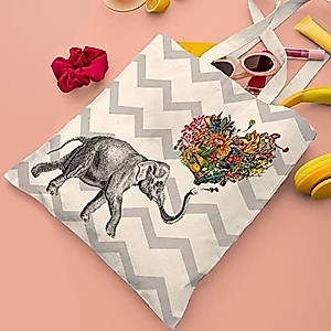 Canvas Shoulder Bag,Light Grey Geometric Ripples Elephant and Heart Flower Tote Bag for Books,Birthday Inspirational Gifts