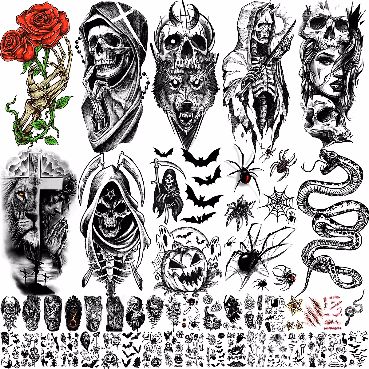 52 Sheets Black Temporary Tattoos for Kids Men and Women, Include 10 Sheets Large Half Arm Sleeve Fake Tattoos, 200+ PCS Spider Scorpion Snake Tiger Lion Skull Bat Vampire Scar Fake Tattoo Sticker