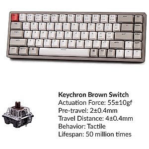 Keychron K6 65% Compact 68-Keys Aluminum Frame Wireless Mechanical Keyboard for Mac, Bluetooth, Multitasking, Wired Gaming Keyboard for Windows Non-Backlit with Keychron Brown Switch
