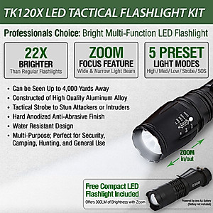 EcoGear FX Zoomable LED Tactical Flashlight Kit TK120X: 5 Light Modes, High Lumen Output, Water Resistant for Security & General Home Use - Batteries and Charger Included