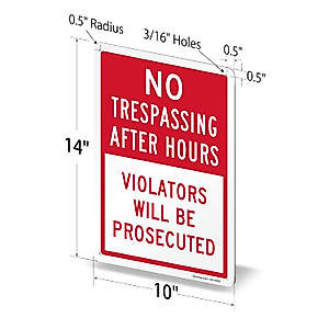 SmartSign 14 x 10 inch “No Trespassing After Hours, Violators Prosecuted” Metal Sign, 40 mil Laminated Rustproof Aluminum, Red and White, Made in USA