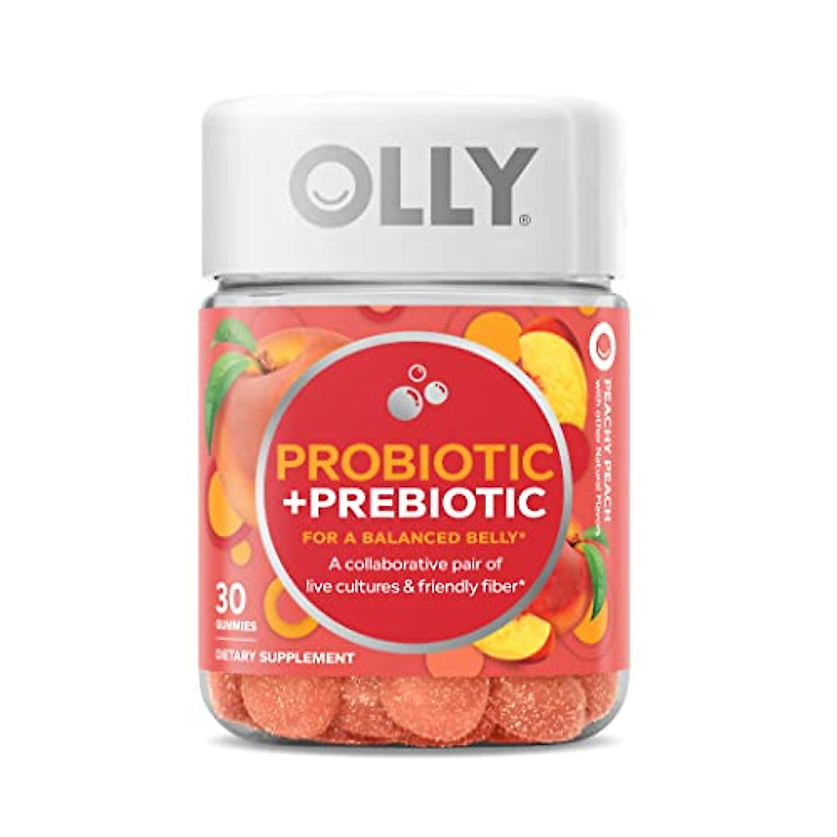 OLLY Probiotic + Prebiotic Gummy, Digestive Support and Gut Health, 500 Million CFUs, Fiber, Adult Chewable Supplement for Men and Women, Peach, 30 Day Supply - 30 Count