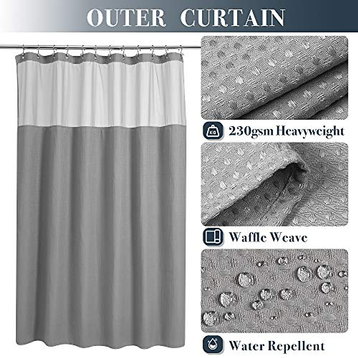 N&Y HOME Waffle Weave Shower Curtain with Snap-in Fabric Liner Set, 12 Hooks Included - Grey Shower Curtain Hotel Style, Water-Repellent & Washable, Mesh Top Window - 71x72, Gray