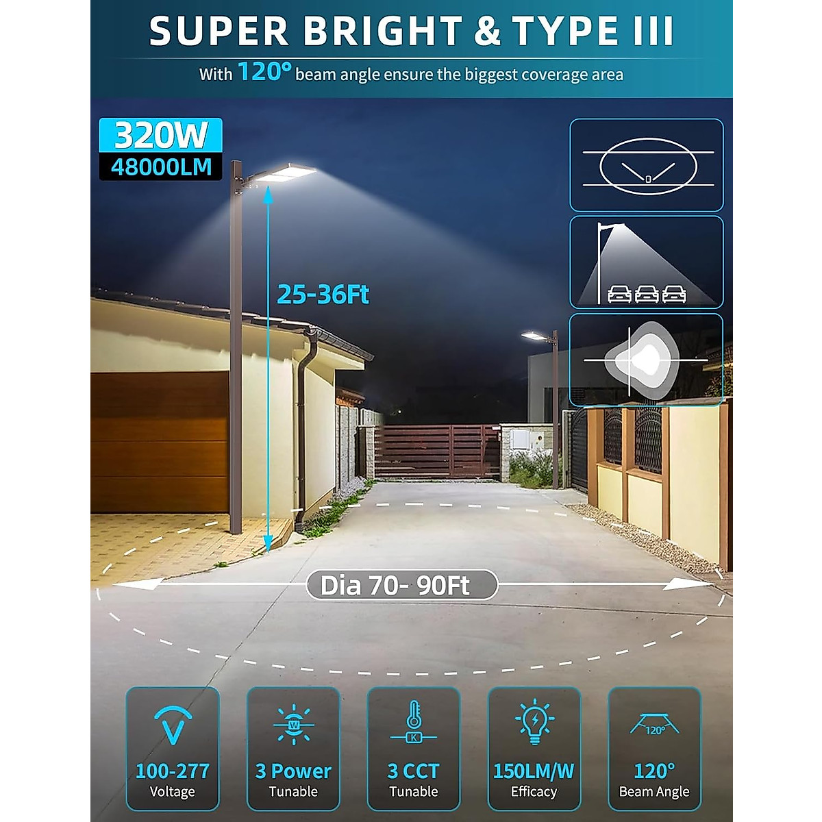 LED Parking Lot Light 320W 250W 200W Adjustable, LED Shoebox Light 5700K 5000K 4500K Arm&Slip Fit Mount, UL DLC Listed Outdoor Pole Light with Photocell, IP65 Commercial Street Area Flood Lighting
