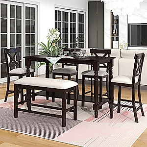 Merax 6-Piece Wooden Counter Height Rectangular Table Set with Bottom Shelf, 4 Chairs, and Padded Bench, Espresso_Fabric Cushion