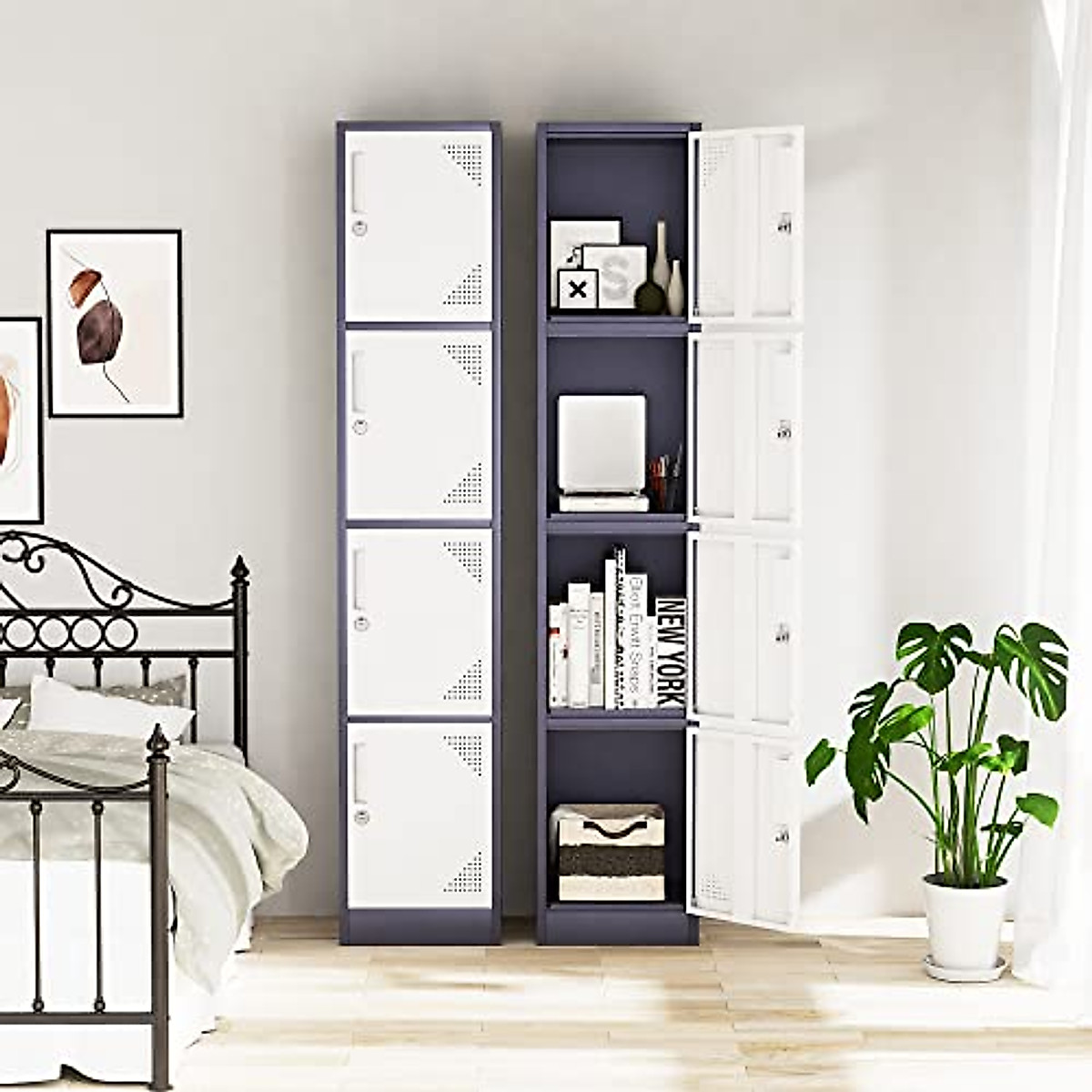 Halamine Employee Lockers, 4 Tiers Metal Locker for Storage, Tall Steel Storage Lockers for Employees, Lockable Lockers for Office, School, Gym, Office (White-Grey)