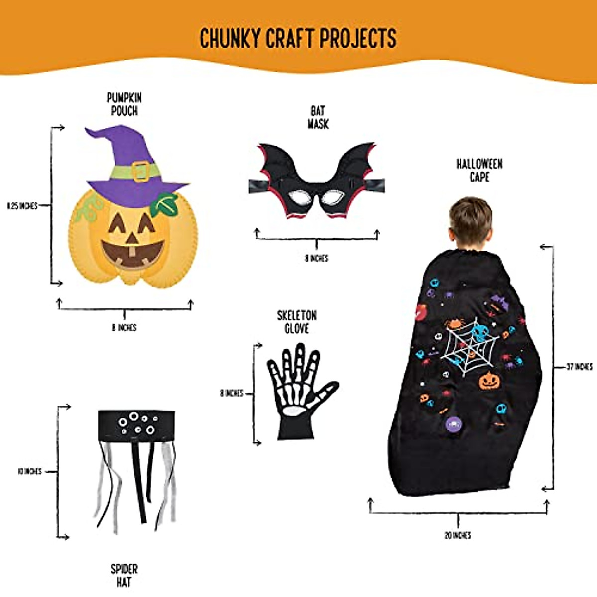 jackinthebox Halloween Crafts for Kids | Contains 6 Chunky Craft Projects | Great Halloween Costume for Kids | Incl. Halloween Cape, Pumpkin Pouch, Skeleton Glove, Bat Mask, Spider Hat & Recipe Only