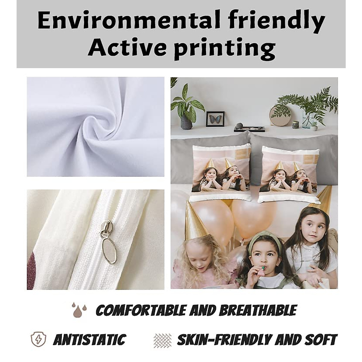 Personalized Custom Bedding Set with Picture, Text, Logo, 1 Duvet Cover 2 Pillowcases Trio, Customized Different Sizes, Suitable for Kids, Birthday, Christmas, Valentine's Day, Special Festival Gift