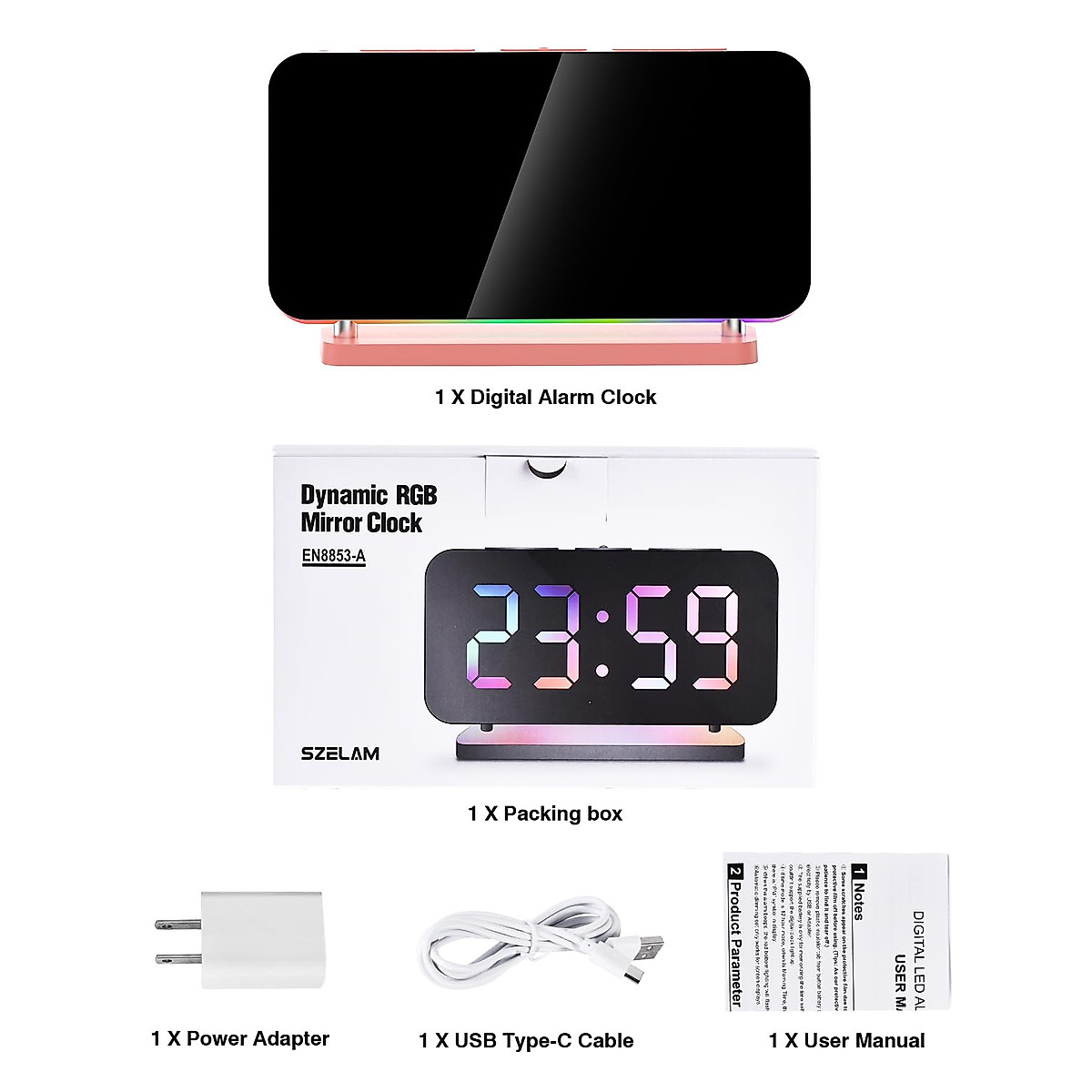 SZELAM Alarm Clock for Bedroom,7.4" Mirror Digital Clocks Large Display,with RGB Night Light, USB C Charger Port,Auto Dimming,LED Desk Clock for Kid Teen Girl Adults Room - Pink