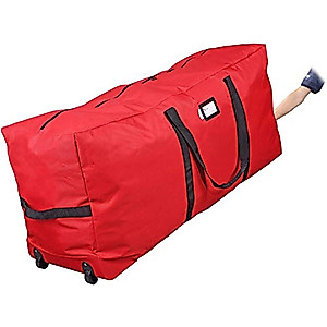 Primode Christmas Rolling Tree Storage Bag, Fits Up to 7.5 Ft. Tall Disassembled Holiday Trees, 22" H X 16" W X 50" L, Large Heavy Duty Storage Container with 2 Wheels and Handles (Red)
