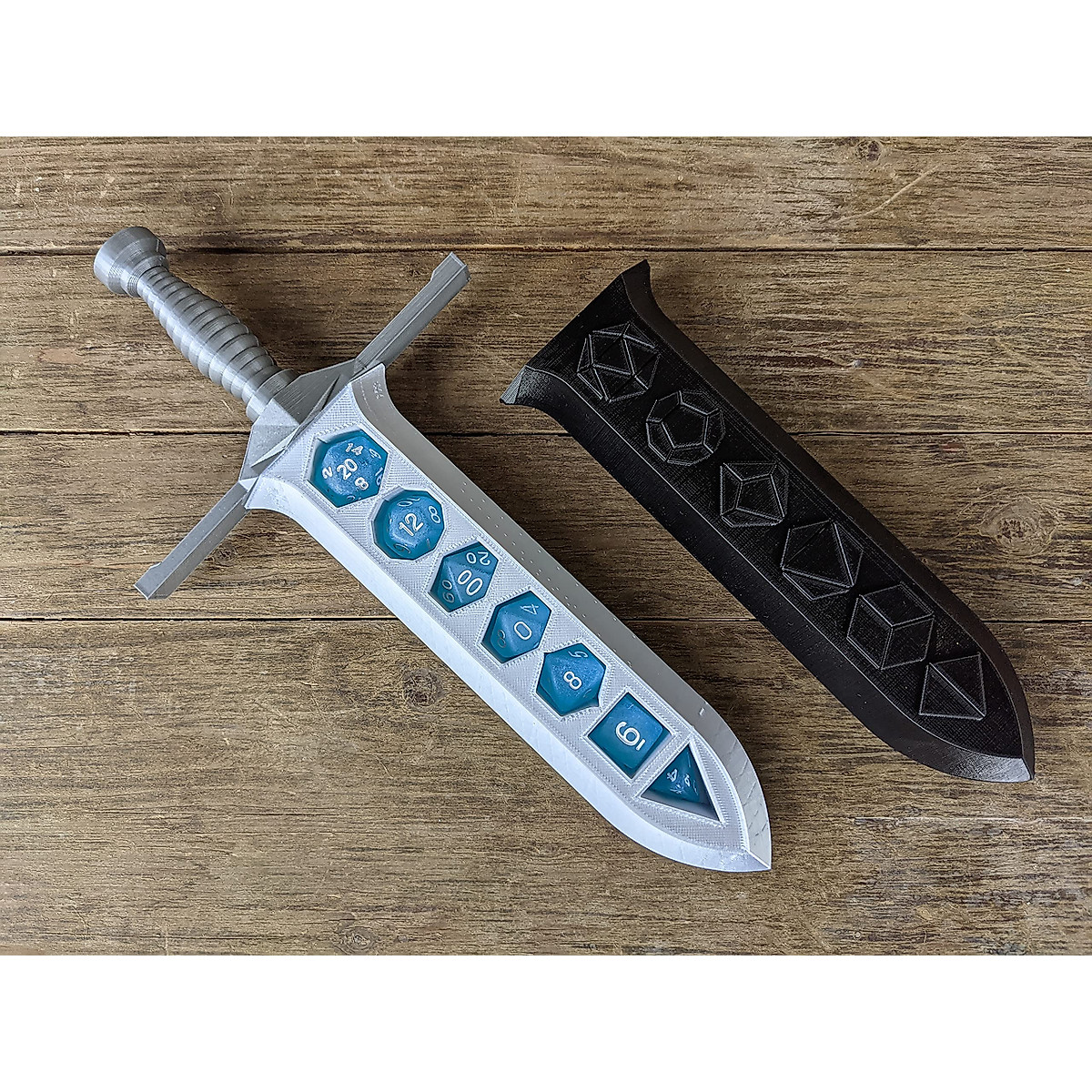 Slice and Dice Dice Sword Holder with 7 Polyhedral Role Playing Dice | DND RPG D&D Dungeons and Dragons, Black Embossed