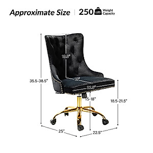 TINA'S HOME Velvet Armless Office Chair with Gold Base & Nailhead Trim, Modern Tufted Upholstered Desk Armchair Swivel Adjustable, Cute Wingback Computer Task Vanity Chair for Women, Black