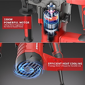 Rotary Hammer Drill, Revvstark 13 Amp 1-1/4 Inch SDS-Plus Heavy Duty Rotary Hammer Drill Powerful, Safety Clutch 4 Functions, Vibration Control Including Grease, Chisels, Drill Bits and Case