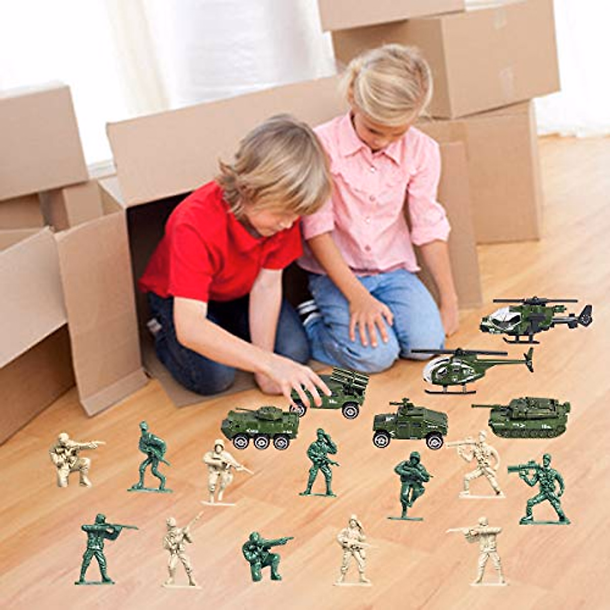 18 Pack Die-cast Military Vehicles Sets,6 Pack Assorted Alloy Metal Models Car Toys and 12 Pack Soldier Army Men, Mini Army Toy Tank,Panzer,Anti-Air Vehicle,Helicopter Playset for Kids Boys