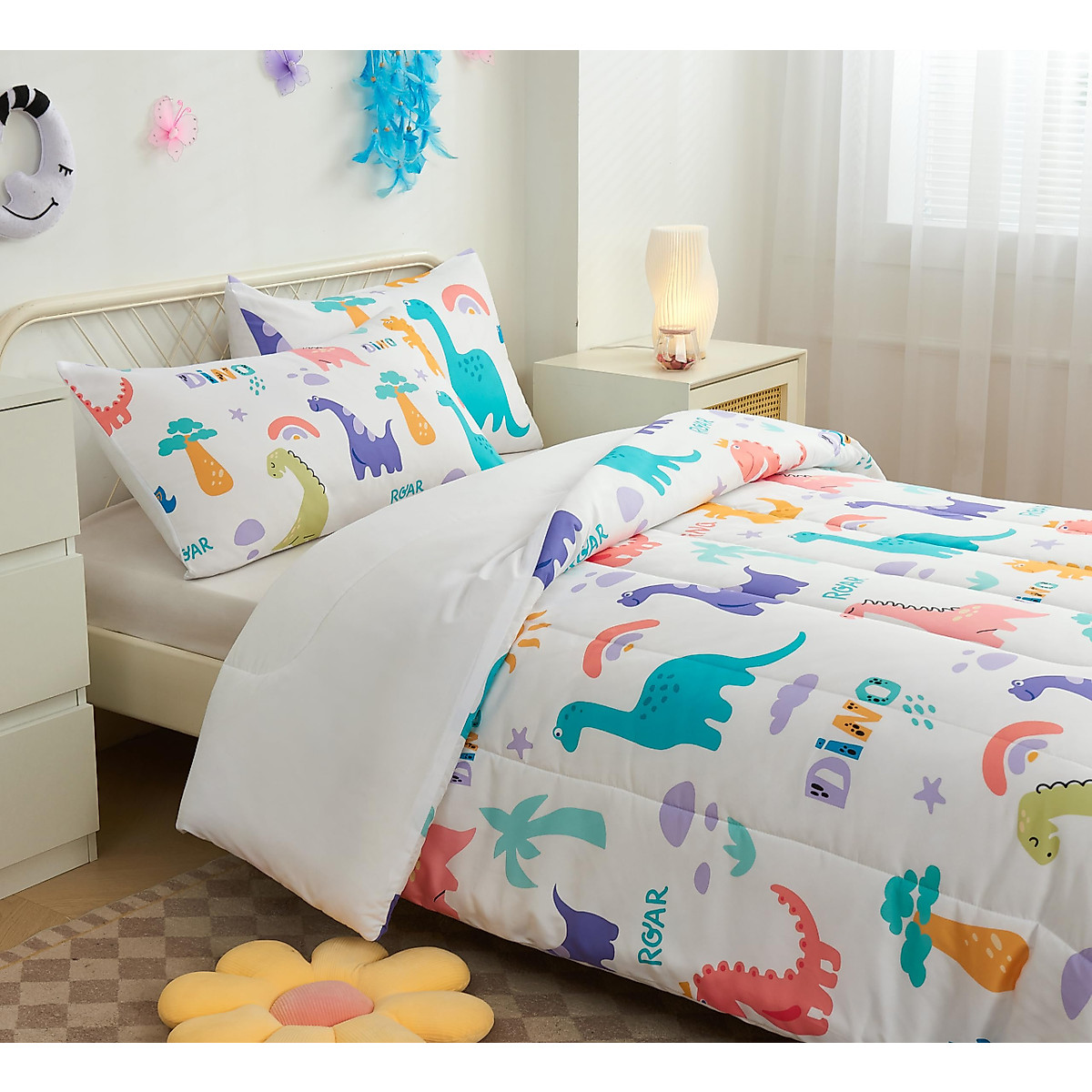YHXSLY Dinosaur Comforter Set Twin Size, 3 PCS Dinosaur Print Cartoon Kids 3D Quilts Bedding Sets Room Decor Bedding Set All Season for Child Gift Birhday Halloween (Dino, Twin)