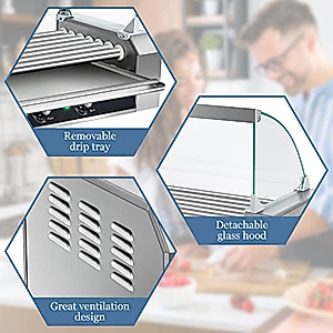 Hot Dog Roller Machine Electric Grill Cooker Machine with Glass Cover 18 Hot Dog Capacity 7 Roller Grill Machine for Commercial Grade Household 120V 900W (7 Roller Grill)