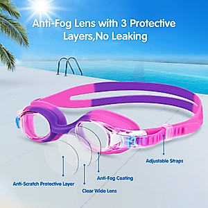 Starweh Kids Swim Goggles, 2 Pack Portable Swimming Goggles No Leaking Anti Fog Kids Goggles for Boys Girls(Age 6-14), Blue & Purple Pink